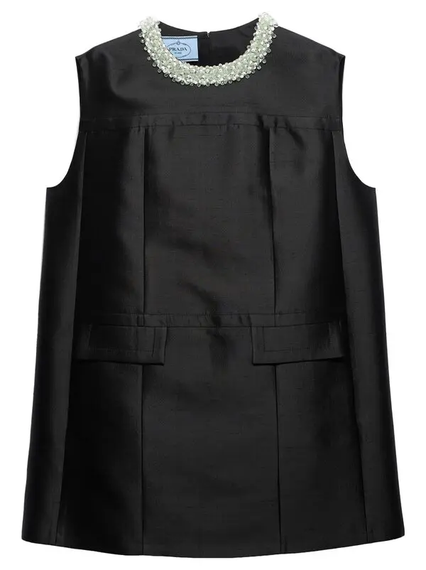 Prada Embroidered Double Shantung Dress - Black