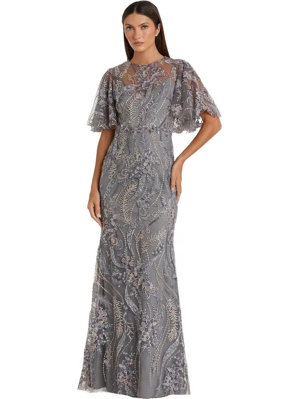 Mac Duggal High Neck Flutter Sleeve Embroidered Gown - Charcoal