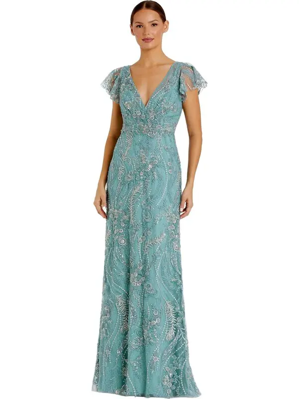 Mac Duggal Embroidered Lace V-neck Gown With Flutter Sleeves - Seafoam