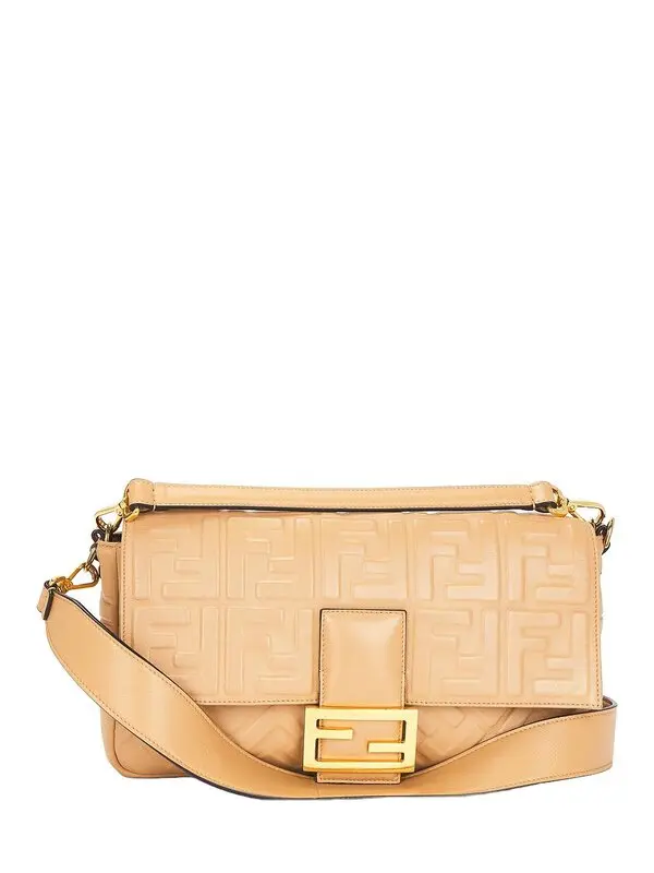 Fendi Ff Embossed Baguette Shoulder Bag - Beige