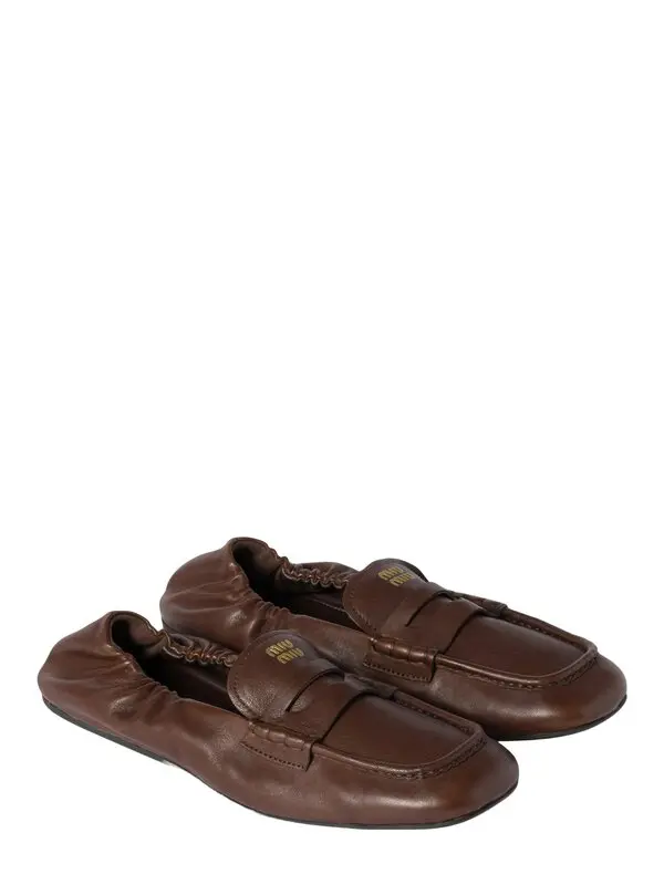 Miu Miu Nappa Leather Ruched Loafers - Brown