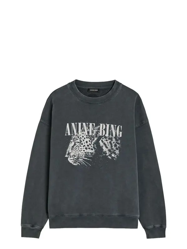 ANINE BING Spencer Printed Cotton Sweatshirt With Leopard Graphics - Black