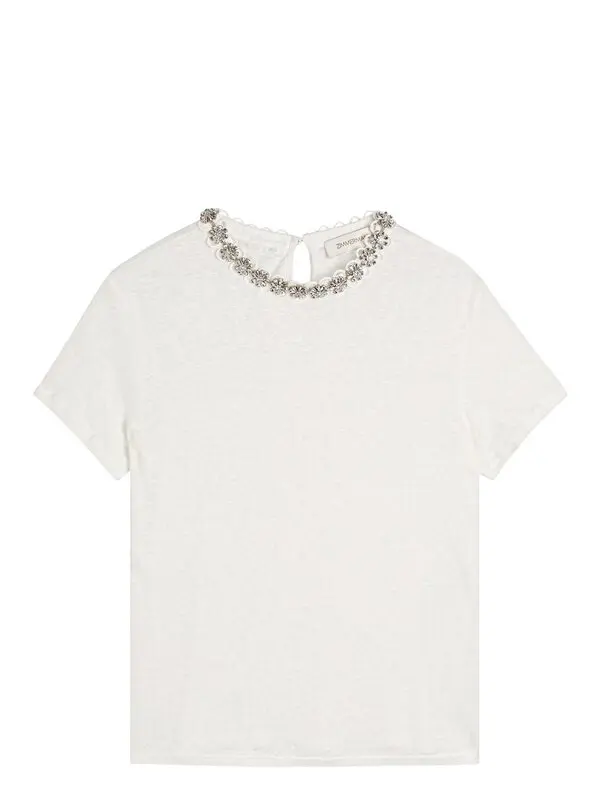 Zimmermann Embellished Slubbed Linen T-shirt - Ivory