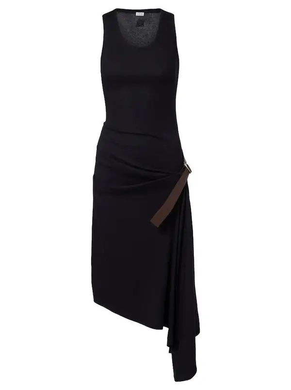 Loewe Belted Ribbed-knit Draped Midi Dress - Black