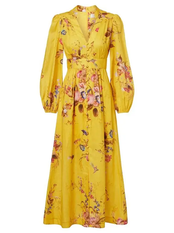 Zimmermann Floral Linen Midi Dress - Yellow