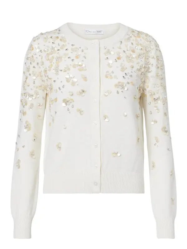Oscar De La Renta Embroidered Virgin Wool Cardigan - White