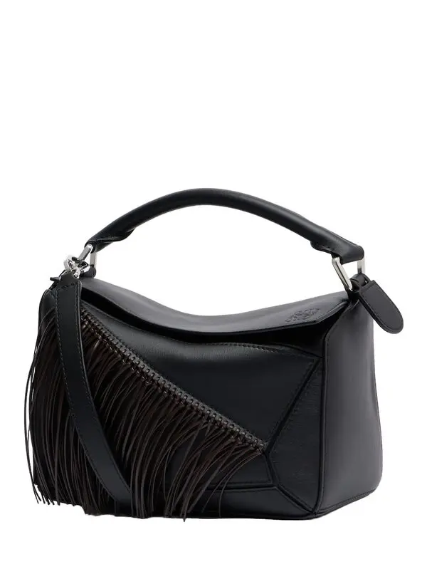 Loewe Puzzle Small Fringed Leather Shoulder Bag - Black