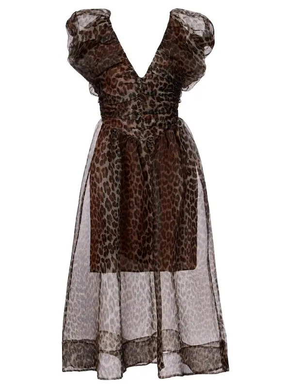 GANNI Leopard-print Organza Midi Dress - Brown