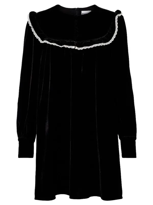 GANNI Lace-trimmed Velvet Minidress - Black