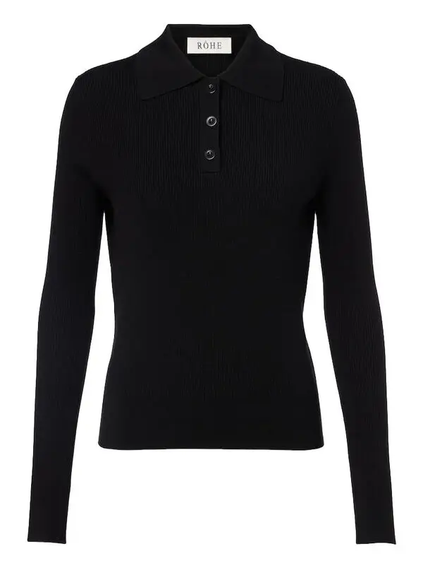 RÓHE Ribbed-knit Polo Shirt - Black