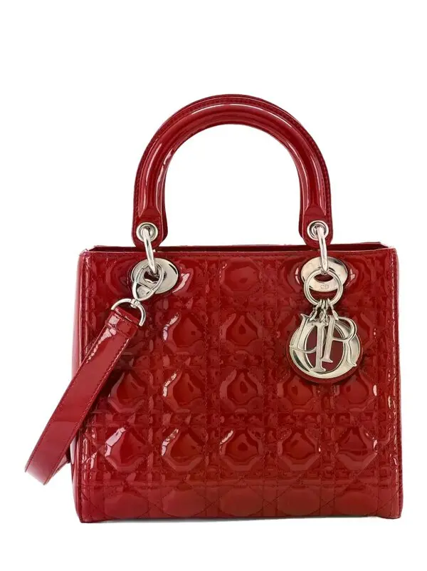 Dior Lady Cannage Quilt Patent Medium Satchel - Red