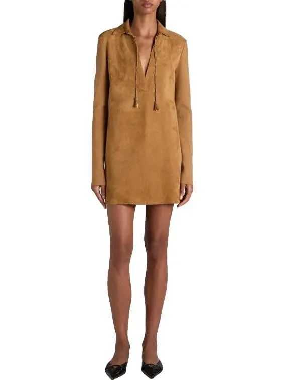 TOM FORD Long Sleeve Suede & Wool Blend Polo Mini Dress - Golden Brown