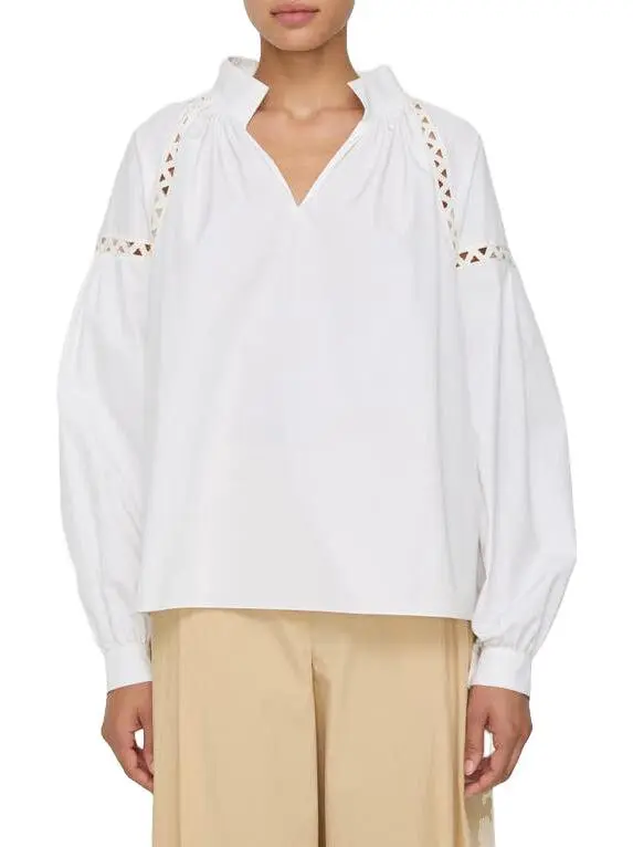 Lafayette 148 New York Cotton Popover Top With Soutache Trim - White