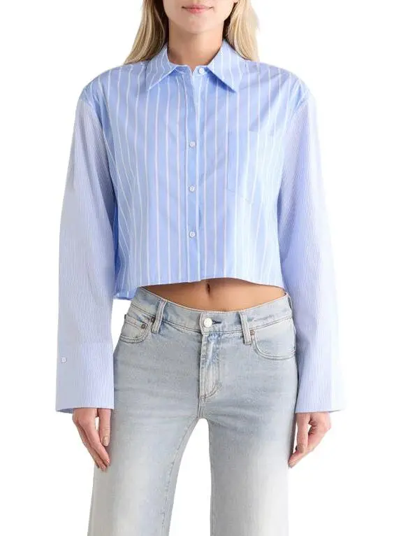 Alice + Olivia Crop Oversized Striped Shirt - Oxford Blue Multi