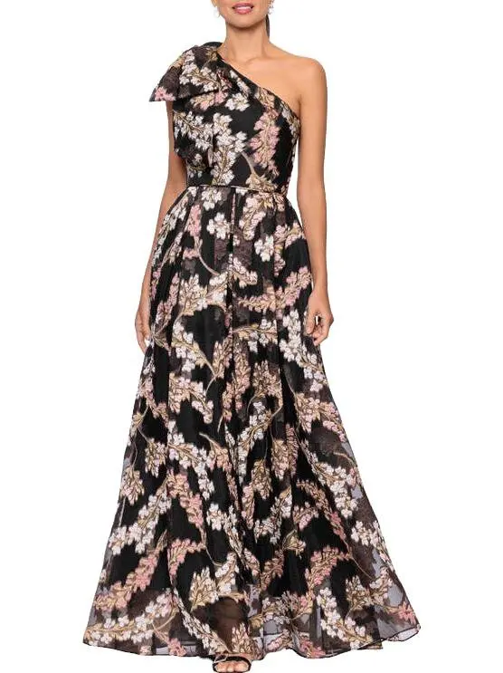 Betsy & Adam Floral Organza Brocade Ballgown - Black/rose/gold