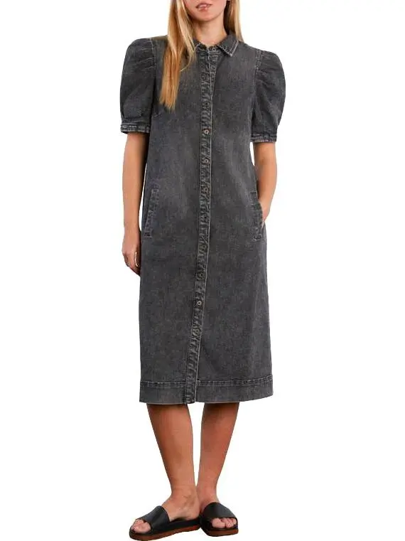 WASH LAB DENIM Puff Sleeve Stretch Denim Midi Dress - Dark Cement