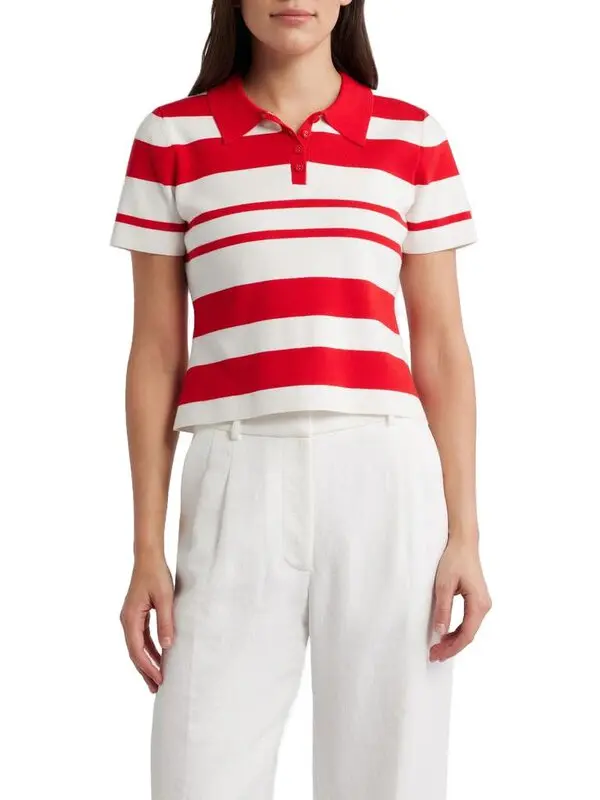 French Connection Striped Knit Polo - Summer White-crimson
