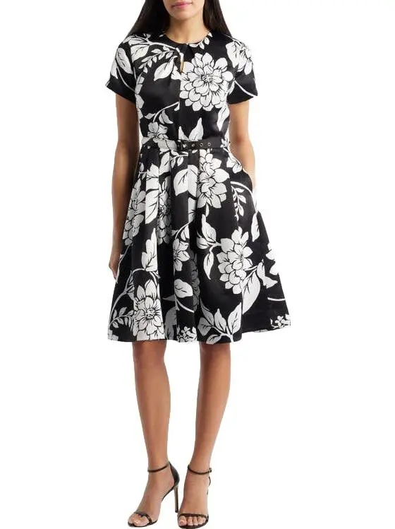 TAHARI ASL Floral Fit & Flare Dress - Black White