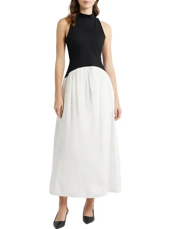 French Connection Mixed Media Ponte & Poplin Maxi Dress - Black-summer White