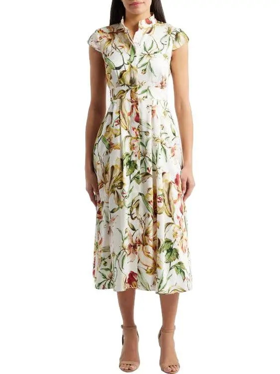 TAHARI ASL Floral Cap-sleeve Shirt Dress - Ivory Multi