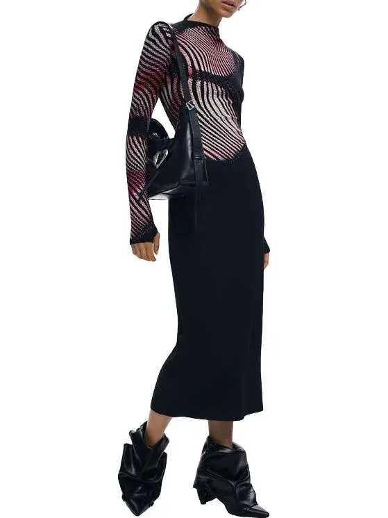 Desigual Funnel Neck Long Sleeve Ribbed Dress - Black