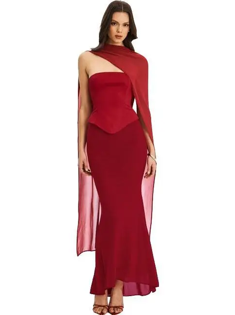 MISS CIRCLE Peplum Mermaid Gown With Chiffon Scarf - Crimson