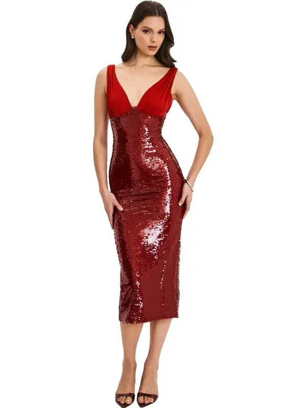 MISS CIRCLE Sequin Midi Dress With Plunging Neckline - Crimson