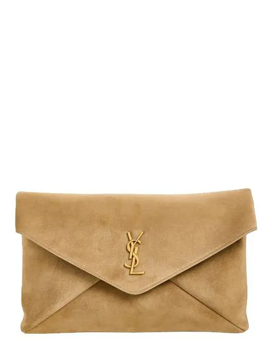 Saint Laurent Large Cassandre Suede Envelope Clutch - Light Cumin
