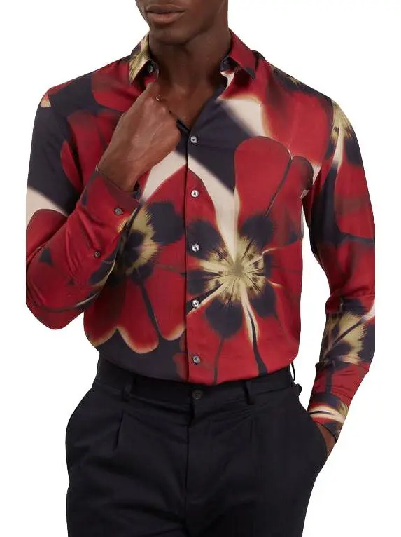 Ted Baker London Phelin Floral Stretch Cotton Button-up Shirt - Red/navy