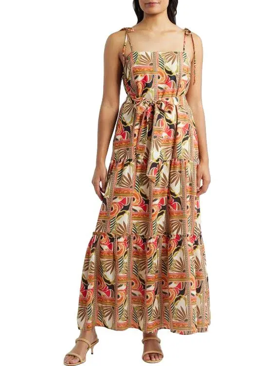 Julia Jordan Printed Tie Belt Maxi Sundress - Orange Multi