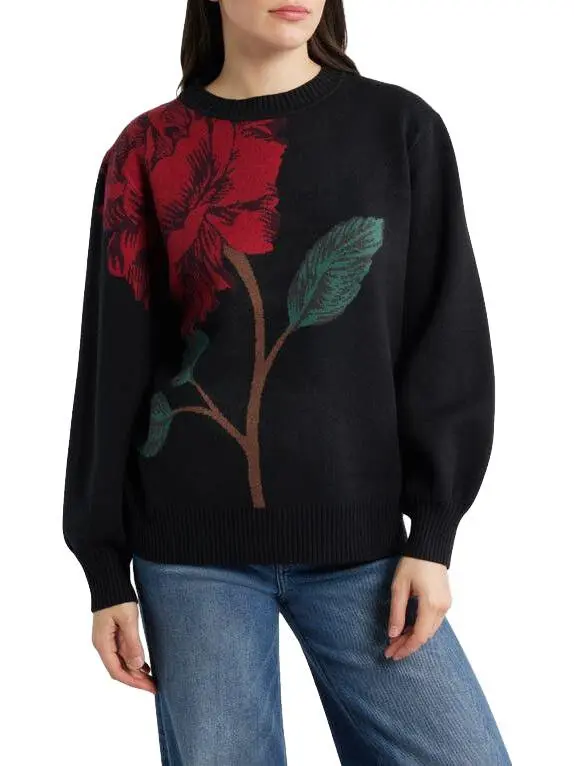 Farm Rio Rosalia Floral Jacquard Crewneck Sweater - Rosalia Placed Black
