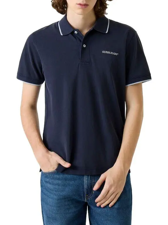 Guess Logo Embroidered Tipped Polo - Medium Blue