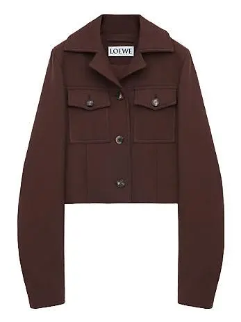 Loewe Logo-patch Collared Cropped Wool-blend Jacket - Dark Brown