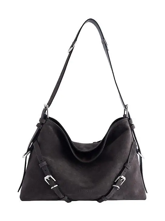 Givenchy Voyou Medium Suede Shoulder Bag - Dark Grey Silver