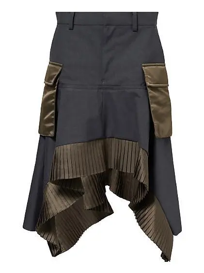 Sacai Woven Midi Skirt With Shell Panels - Grey Khaki