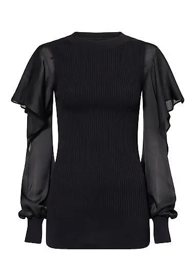 Sacai Satin-sleeves Ribbed Cotton-knit Top - Black