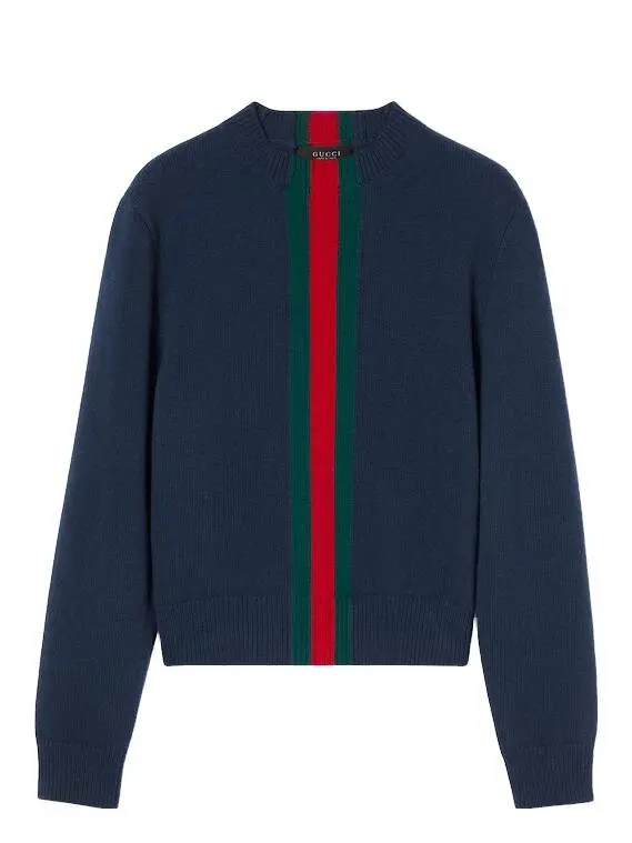 Gucci Fine Knit Wool Sweater With Web Intarsia - Blue