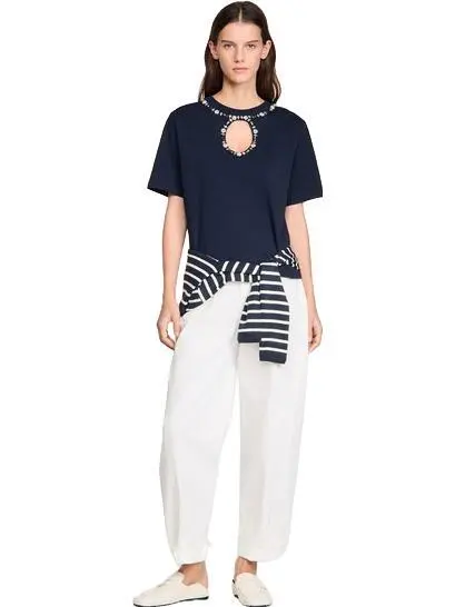 Sandro Rhinestone Trim T-shirt - Blue / Navy