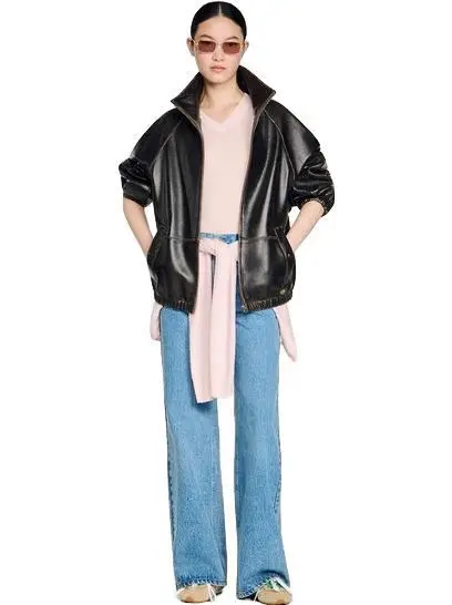 Sandro Distressed Leather Oversized Jacket - Pink
