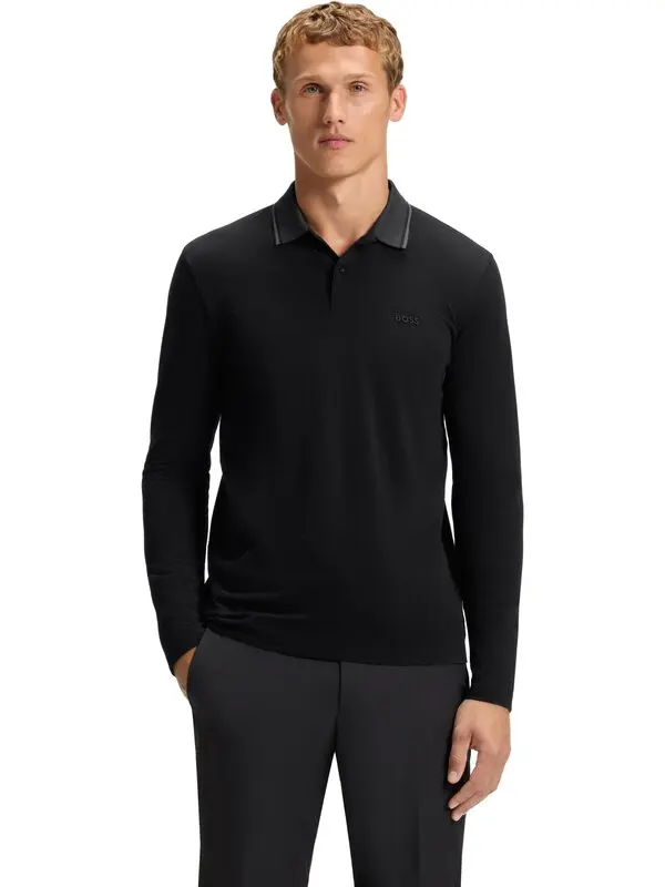 BOSS Mouliné-collar Polo Shirt In Cotton Piqu - Black
