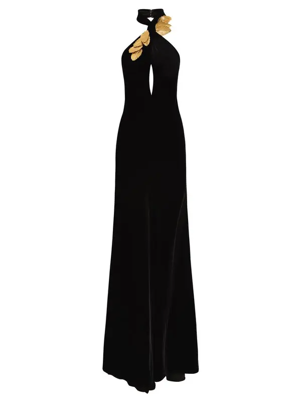 Oscar De La Renta Gold Leaf Embroidered Velvet Gown - Black