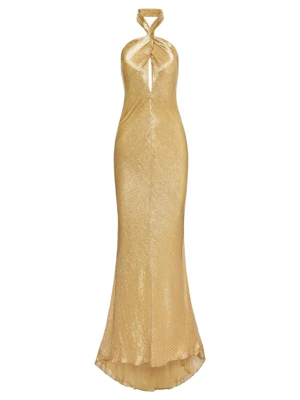 Oscar De La Renta Bugle Bead Lamé Gown - Gold