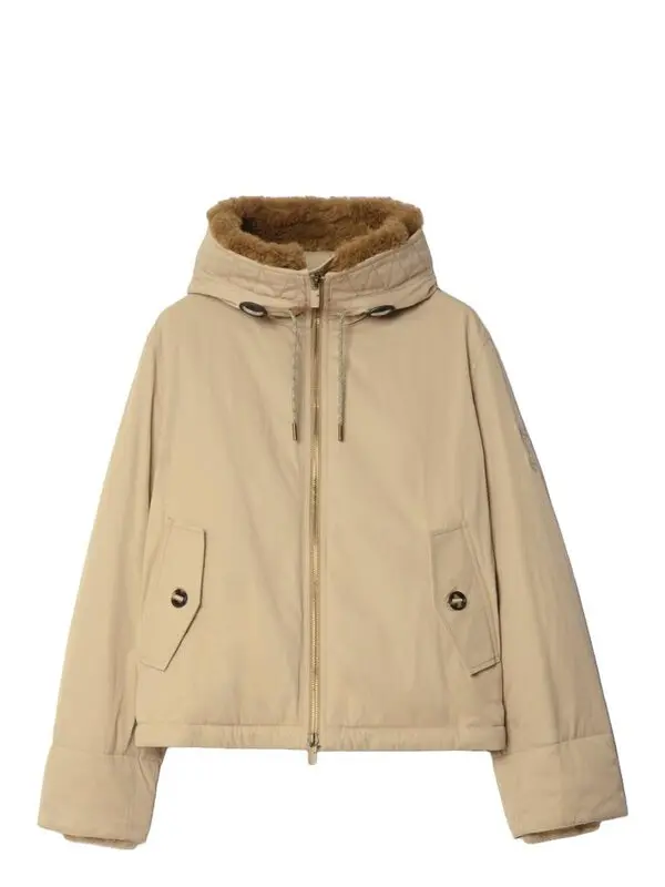 Burberry Shearling Trim Gabardine Hooded Jacket - Hamper Beige