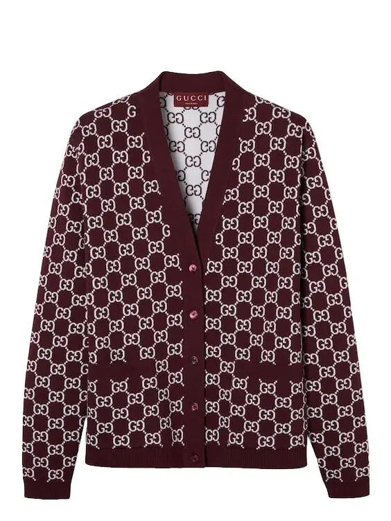 Gucci Reversible Gg Wool Jacquard Cardigan - Bordeaux