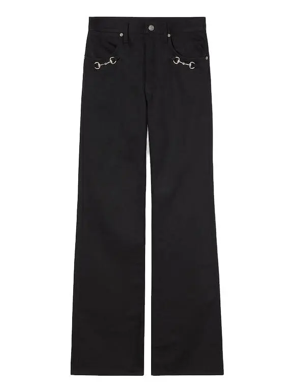 Gucci Cotton Denim Flare Pants With Horsebit - Black