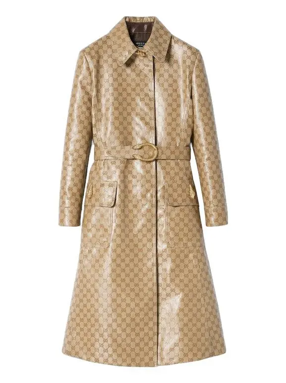 Gucci Coated Gg Cotton Canvas Jacquard Fabric Coat With Detachable Dionysus Buckle Belt - Beige
