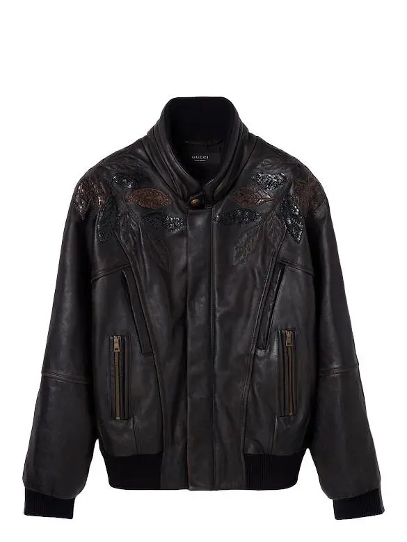 Gucci Leather Bomber Jacket With Aged Effect And Floral Python Patch - Brown