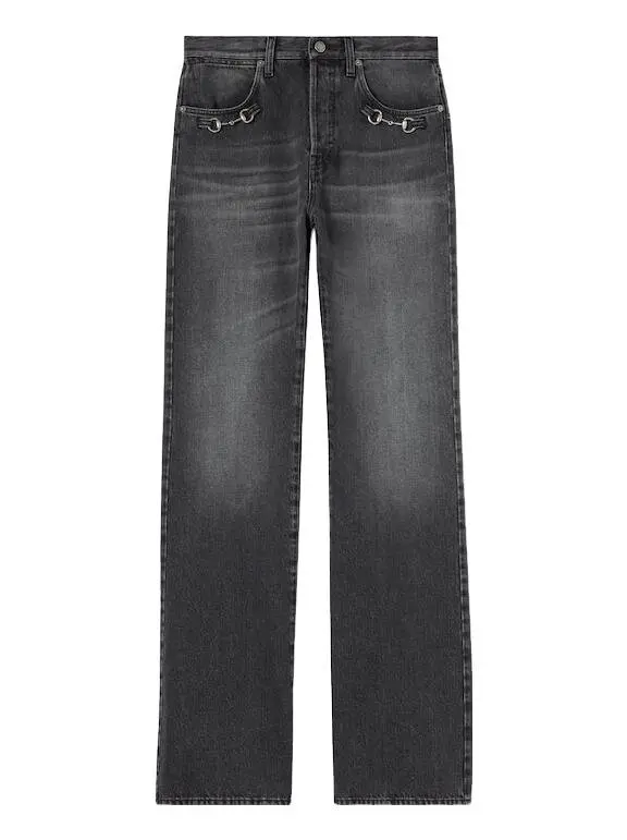 Gucci Cotton Denim Flare Pants With Horsebit Detail - Black