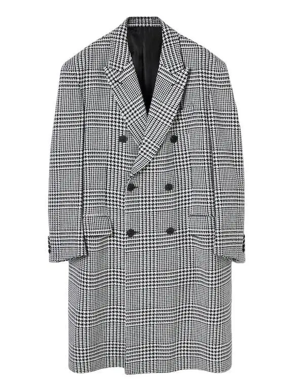 Gucci Double-breasted Prince Of Wales Wool Coat With Detachable Brooch - Grey