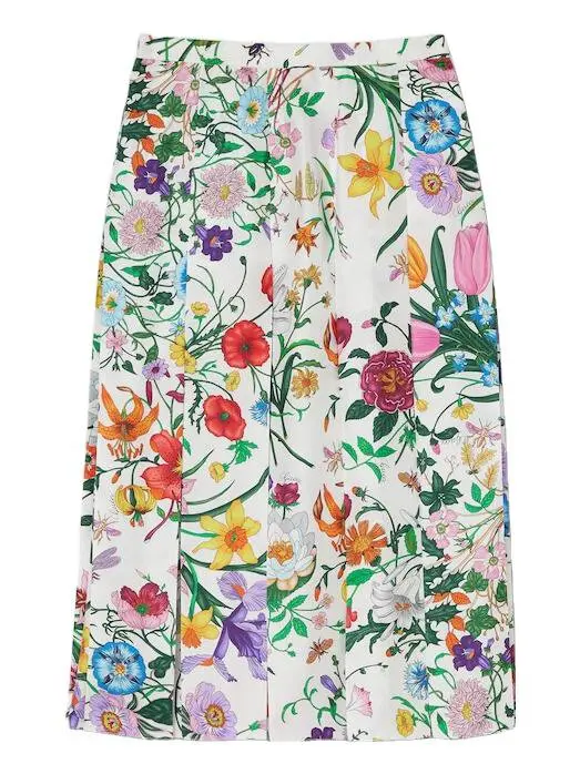 Gucci Printed Silk Twill Pleated Skirt - White